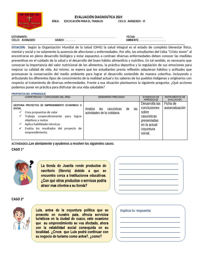 FICHA DE EVALUACIÓN DIAGNOSTICA CICLO AVANZADO 1y 2do (Ok) 2024 | PDF | Evaluación