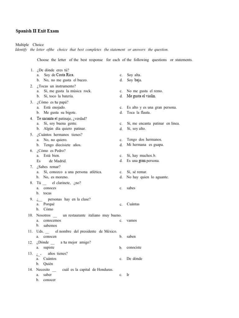 Examen de Español II: Preguntas y Respuestas | PDF