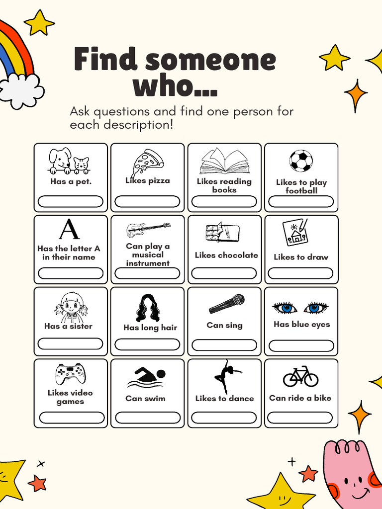 Find Someone Who Worksheet in Colorful Fun Style | PDF