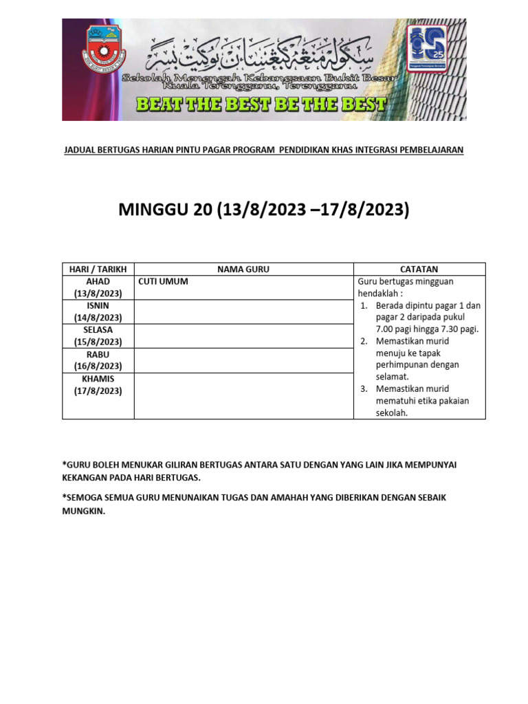 Jadual Bertugas Harian m20 | PDF