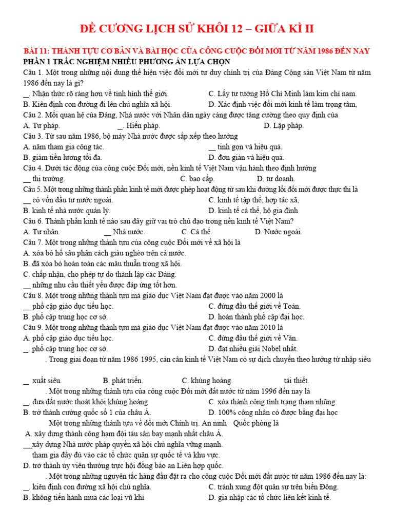 ĐỀ CƯƠNG LS12 - GV | PDF