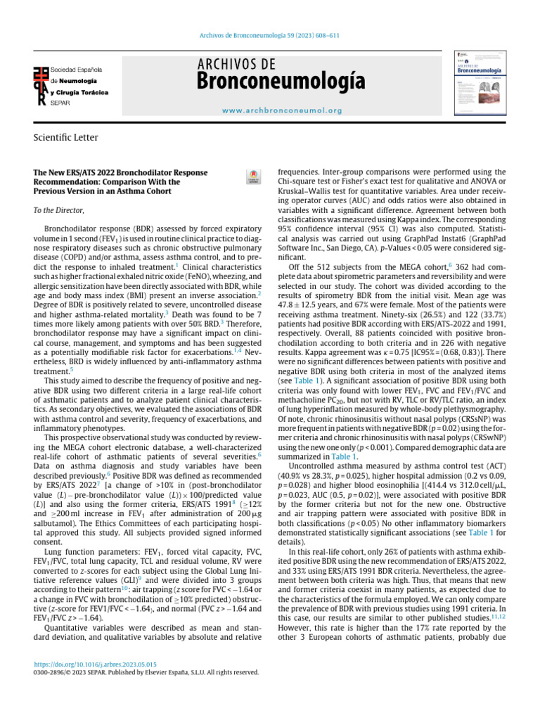The New ERS:ATS 2022 Bronchodilator Response | PDF | Asthma | Receiver ...