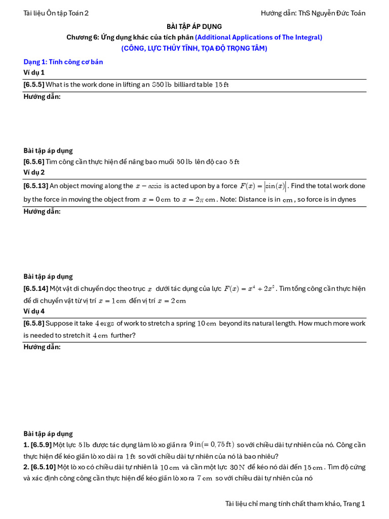 04.2 - BT Chương 6 - B4 - Ứng Dụng Khác Của Tích Phân (Công - Lực Thủy Tĩnh - Tọa Độ Trọng Tâm ...