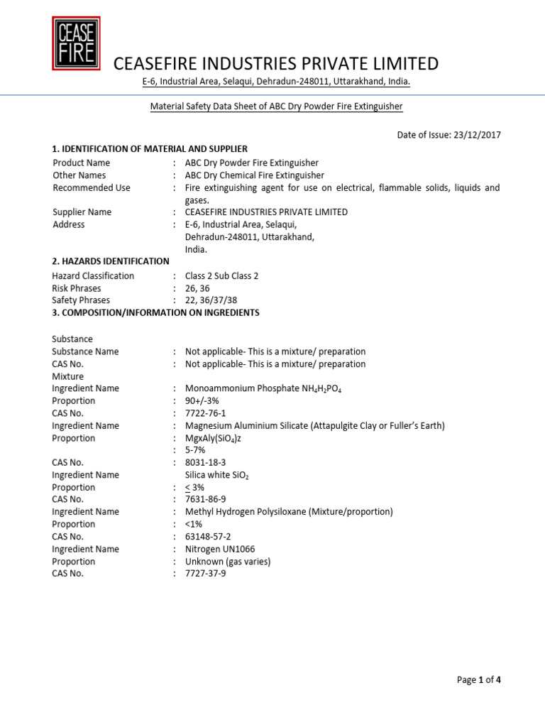 MSDS of ABC Powder MAP 90 Fire Extinguisher | PDF | Chemical Substances ...