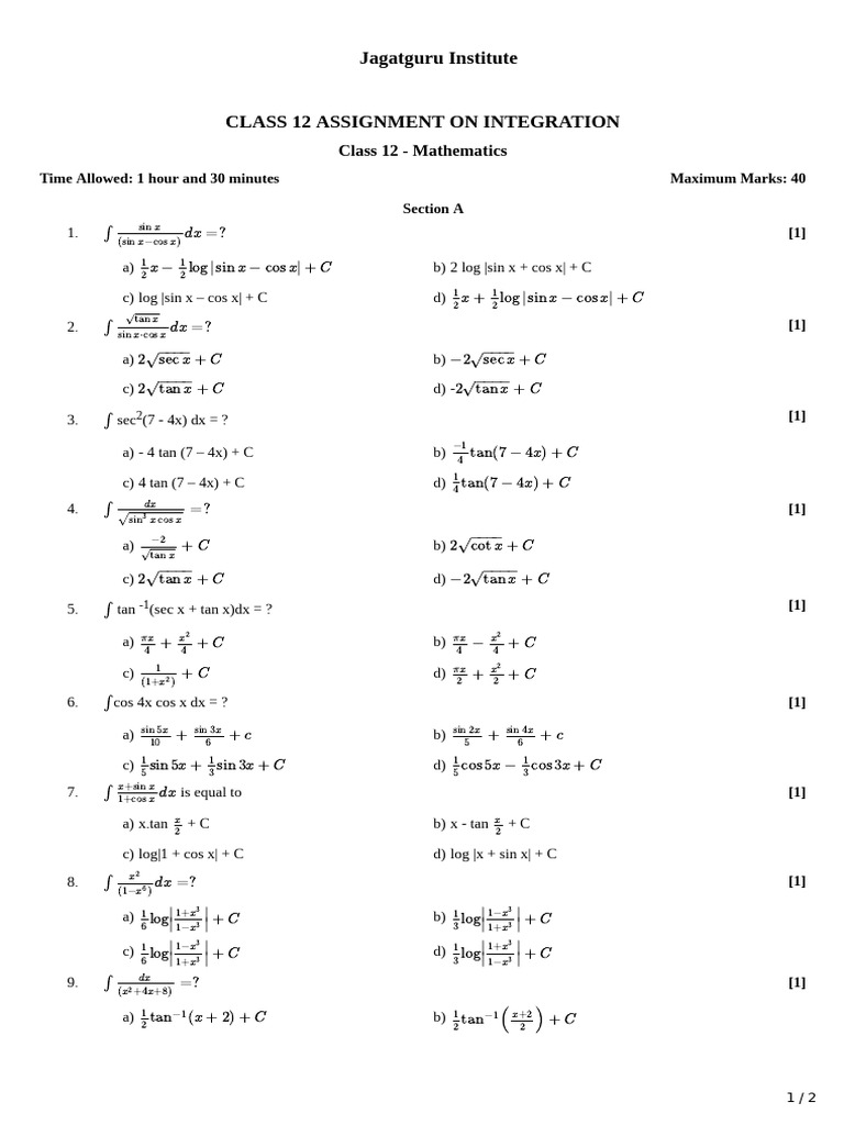 Xii Assignment On Integration | PDF