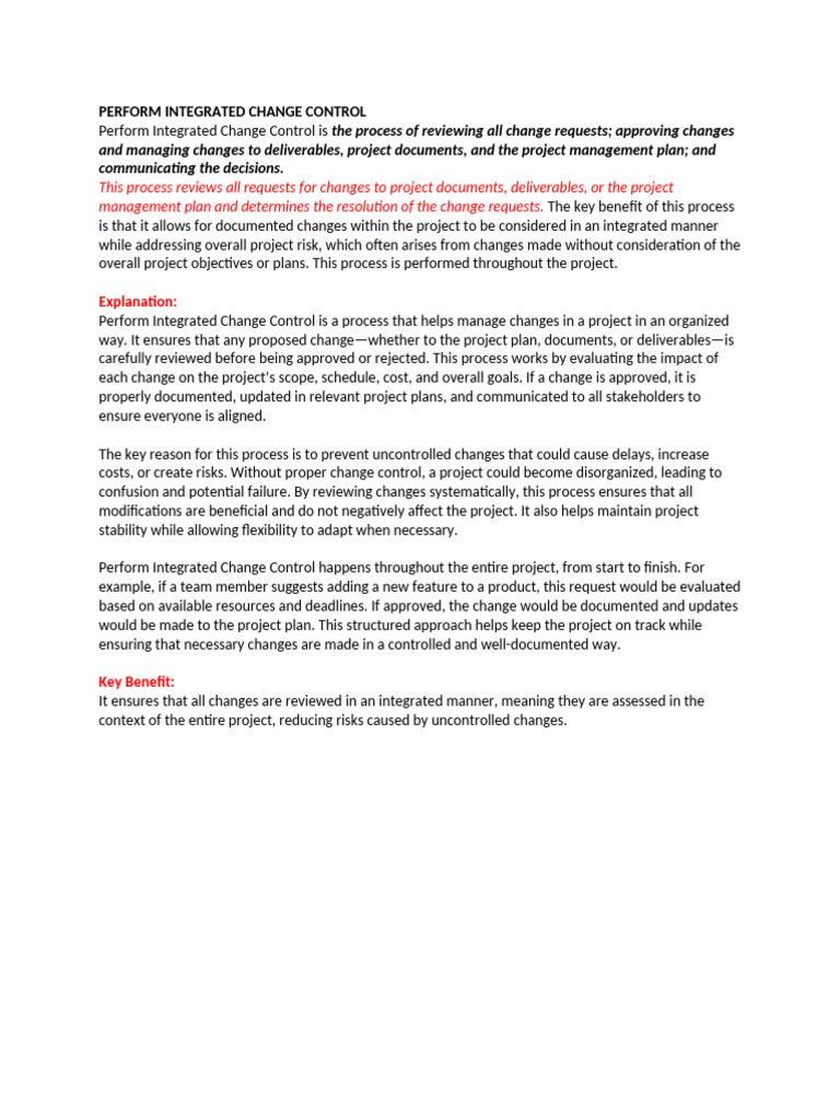 Perform Integrated Change Control | PDF | Project Management | Risk