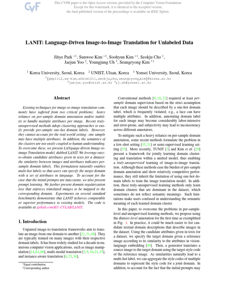 Park LANIT Language-Driven Image-to-Image Translation For Unlabeled Data CVPR 2023 Paper | PDF ...