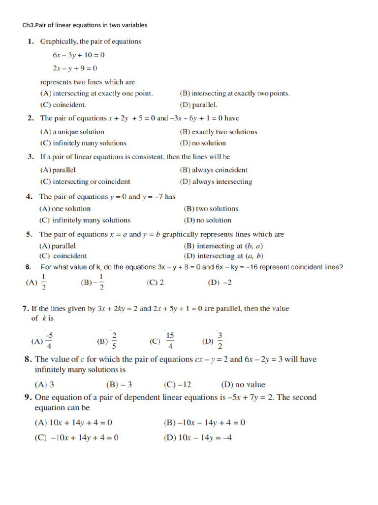 Pair of Linear Equations in Two Variables - MCQ & AR Qns | PDF | System Of Linear Equations ...