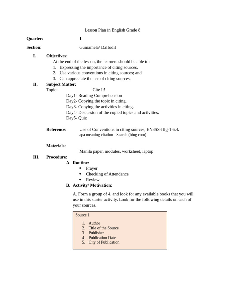 Grade 8 English Lesson on Citing Sources | PDF | Apa Style | Citation