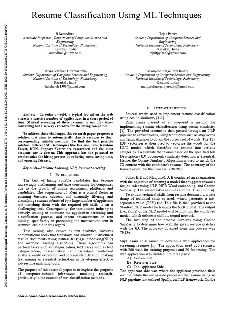 Resume Classification Using ML Techniques | PDF | Support Vector Machine | Machine Learning