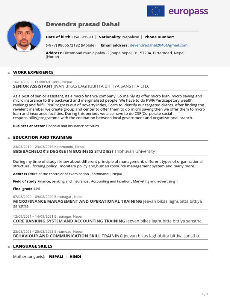 CV - Devendra Prasad Dahal (1)-1 | PDF | Communication | Microfinance