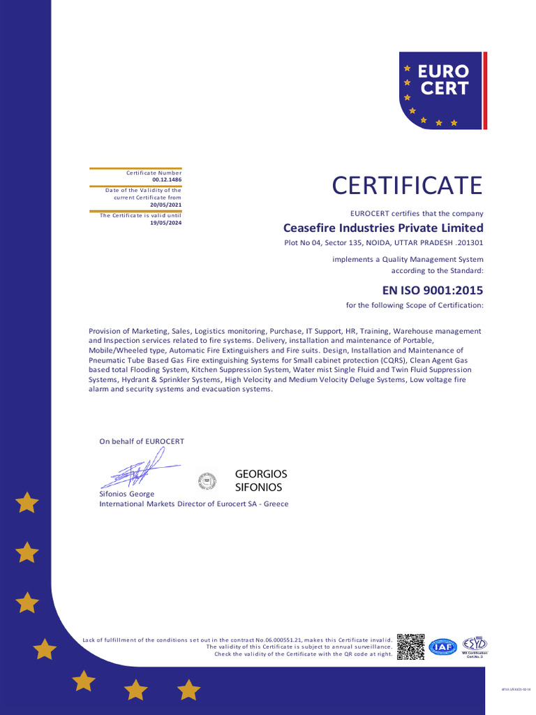 Eurocert ISO 9001 Certification for Ceasefire | PDF | Fire Sprinkler System