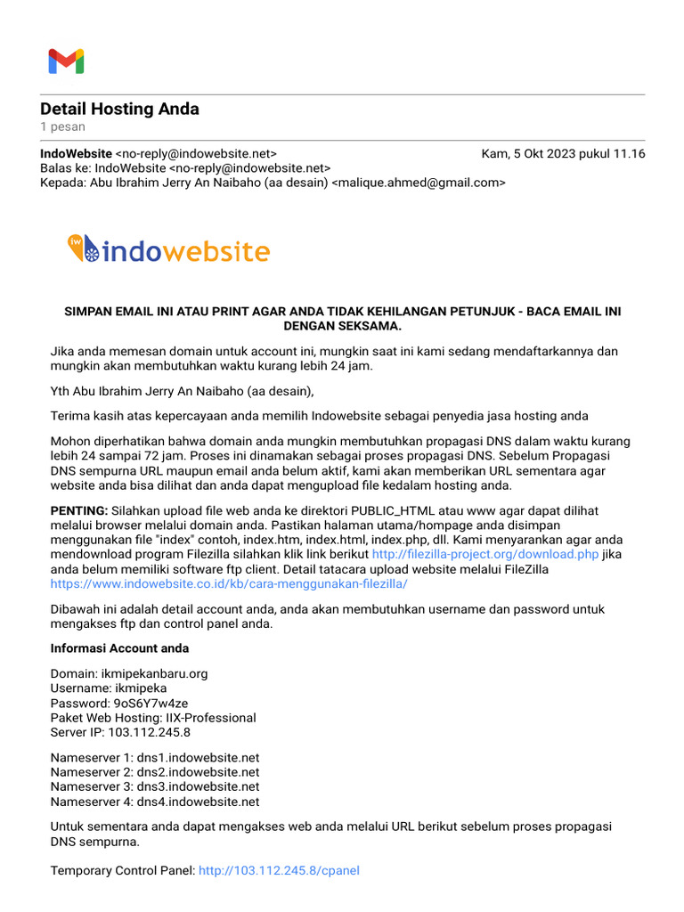 Gmail - Detail Hosting Anda | PDF