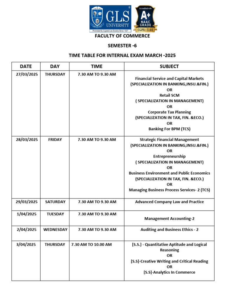 Sem - 6-Internal Exam Time Table | PDF | Corporate Jargon | Business