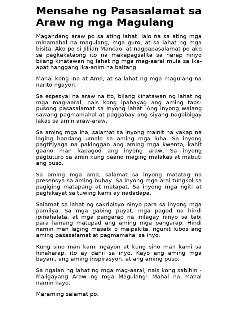 Mensahe NG Pasasalamat Sa Araw NG Mga Magulang | PDF