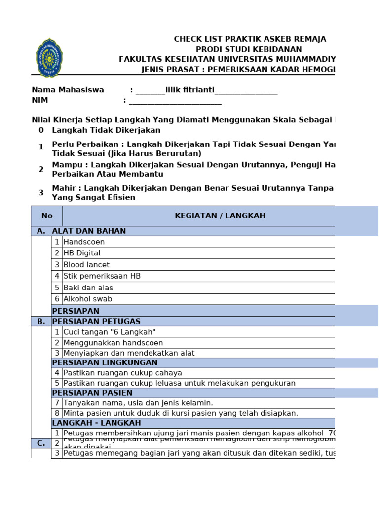 Check List Pemeriksaan HB | PDF