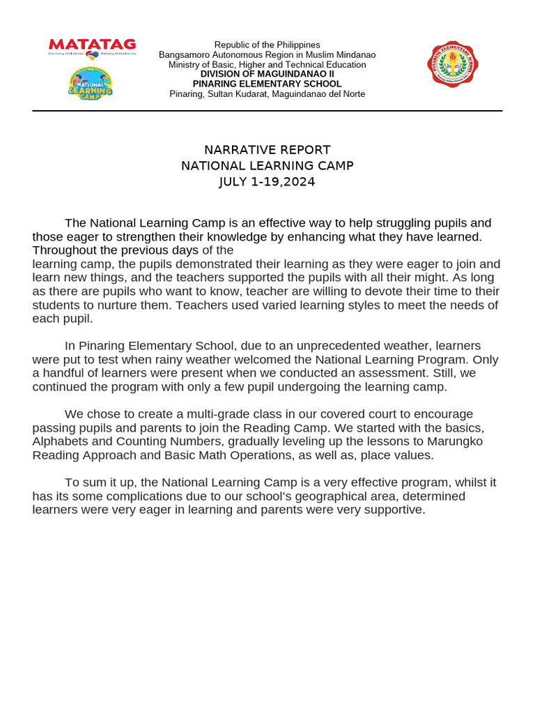 Pes - National Learning Camp | PDF | Teachers | Mindanao