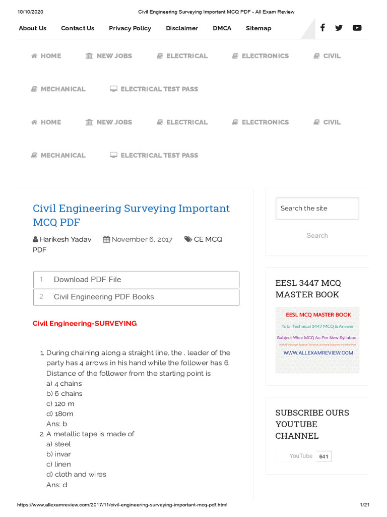 Civil Engineering Surveying Important MCQ PDF - All Exam Review | PDF | Contour Line | Surveying