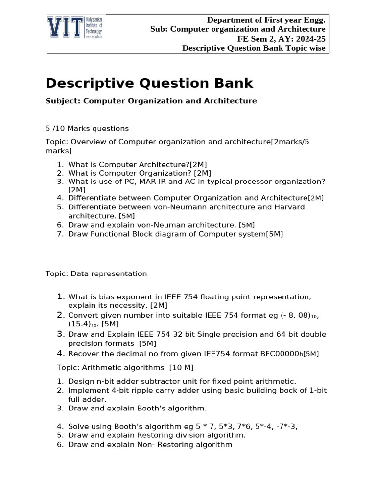 COA - Question Bank - Descriptive - New - 2024 - 25 | PDF | Cpu Cache | Computer Science