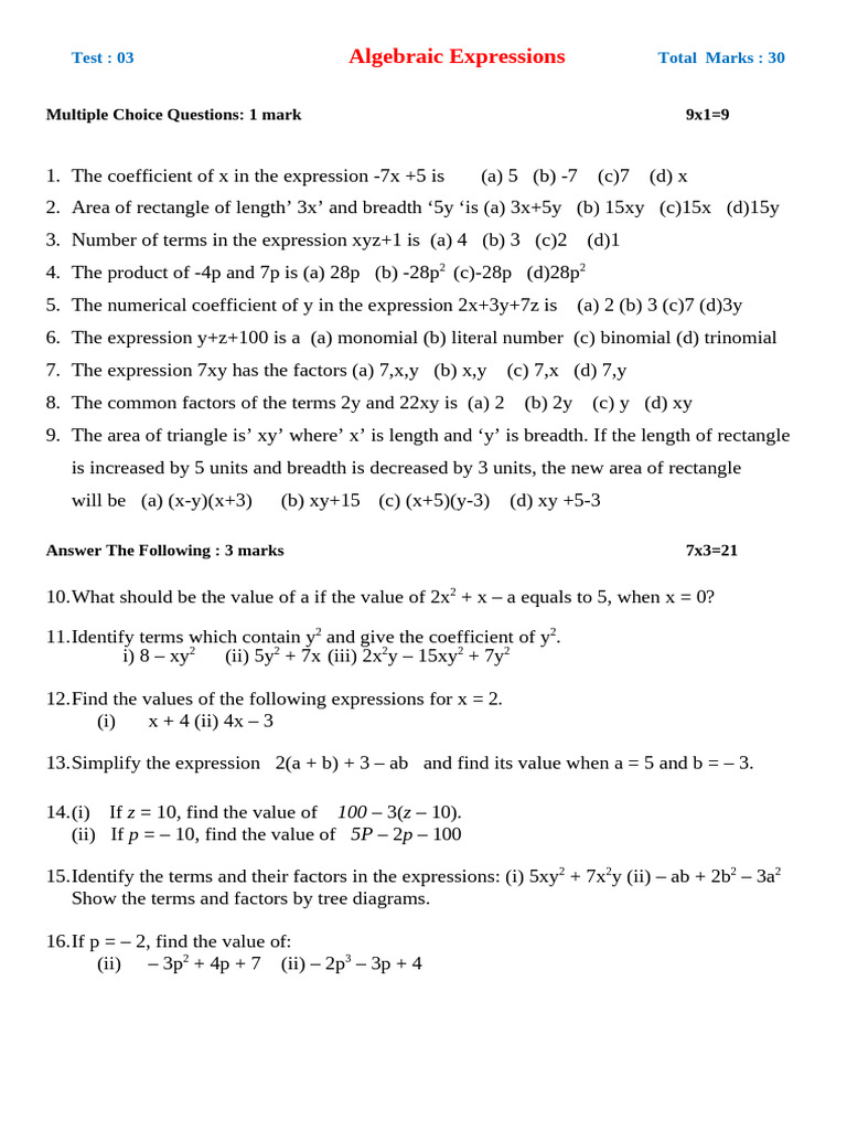 Test 3 Algebraic-Expressions | PDF