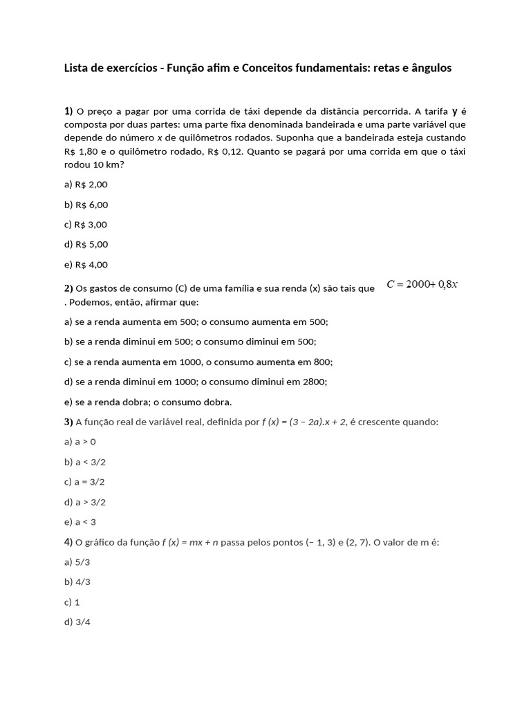 Exercícios sobre Função Afim e Ângulos | PDF | Analise matemática ...