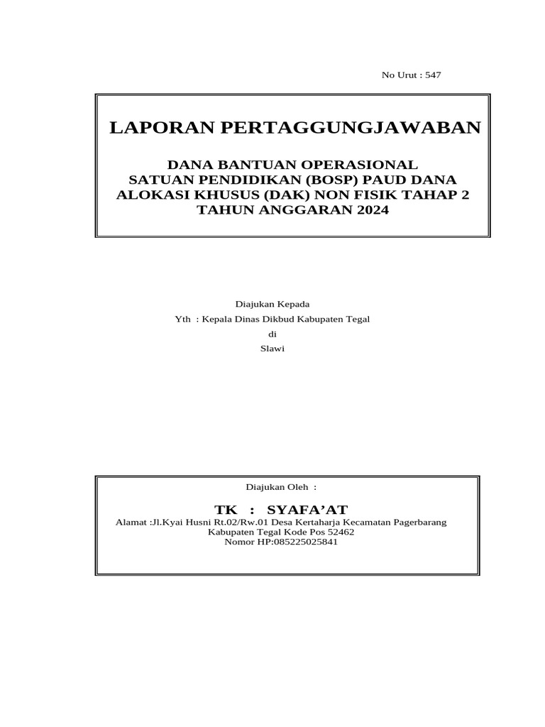 Draft SPJ Bop Paud 2024 (Tahap 2) | PDF