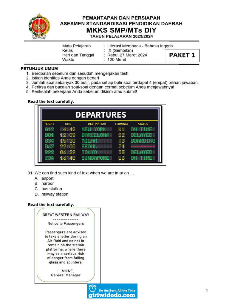 PP ASPD DIY 1 2324 Soal BAHASA INGGRIS - PAKET 1 | PDF