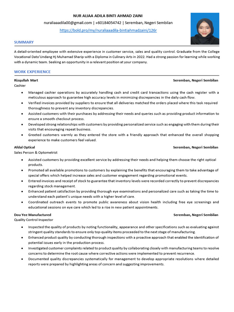 Resume Nur Aliaa Adila Rasmi | PDF | Point Of Sale | Business