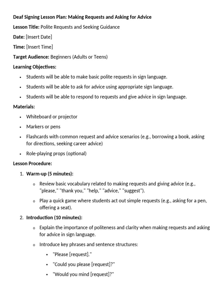 Deaf Signing Lesson Plan Sample | PDF | Sign Language | Learning