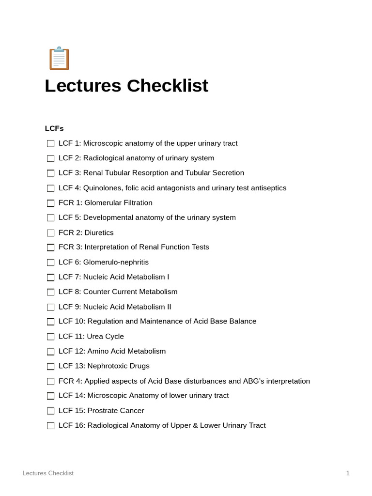 Urinary System Lectures Checklist | PDF
