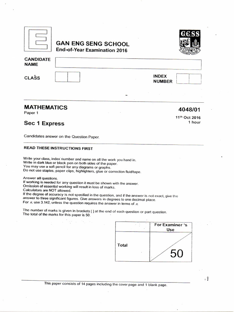 Math Sec1 Sa2 2016 Gan Eng Seng Sec 2 | PDF