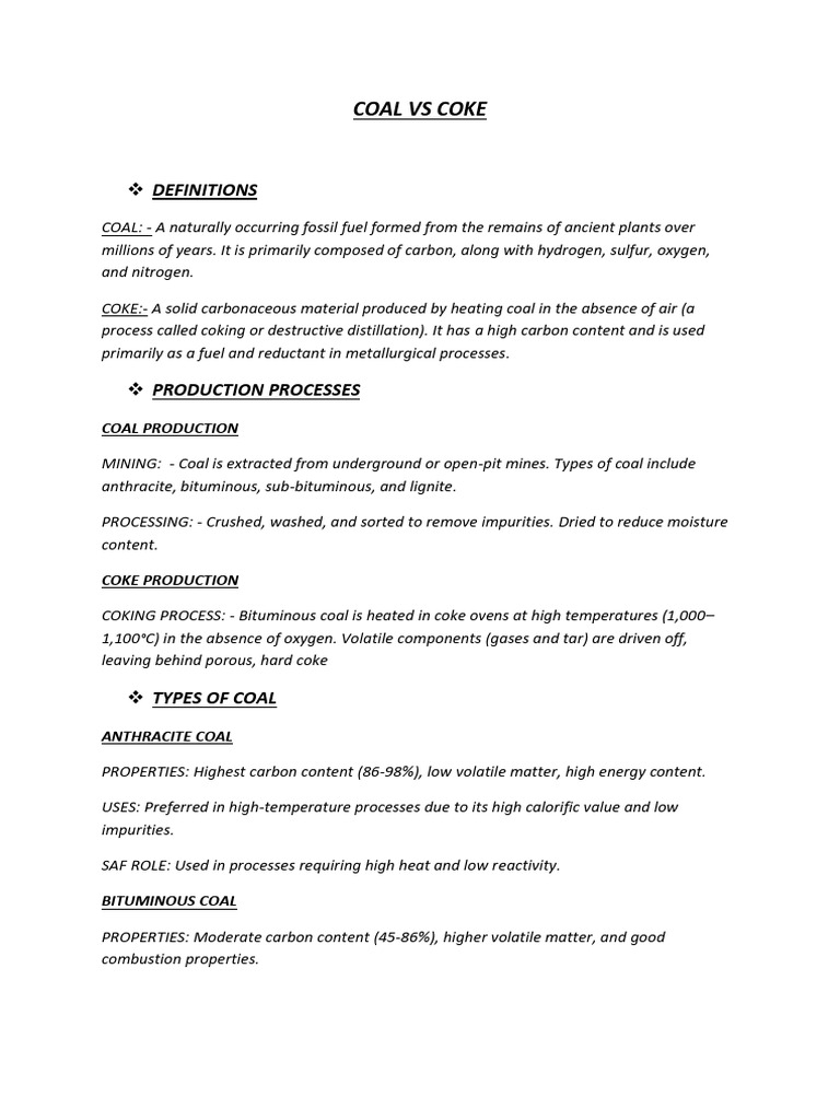 Coal vs Coke: Production and Uses | PDF | Coal | Coke (Fuel)