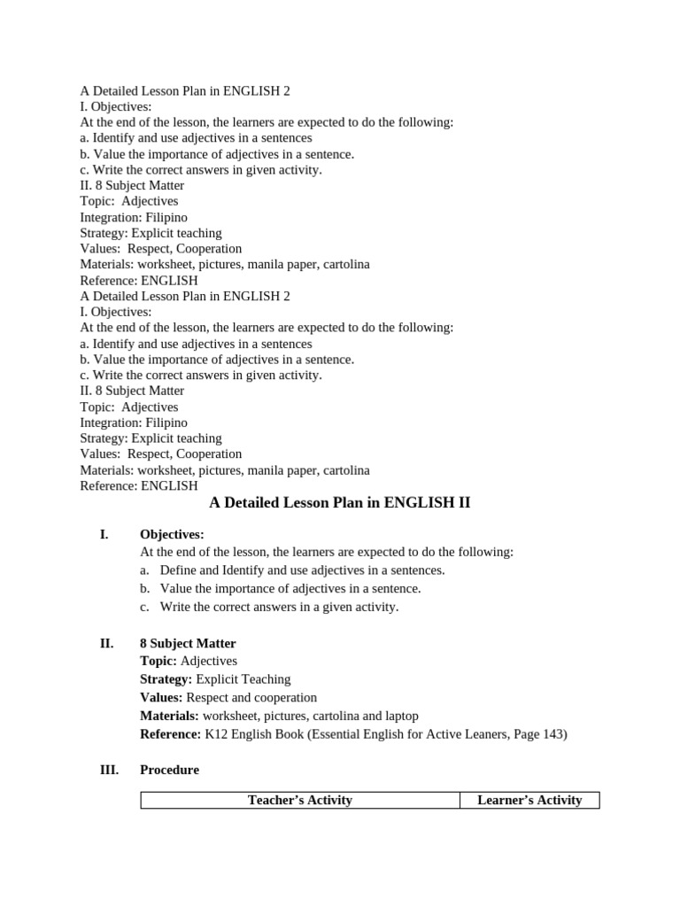 A Detailed Lesson Plan in ENGLISH 1 | PDF | Lesson Plan | English Language