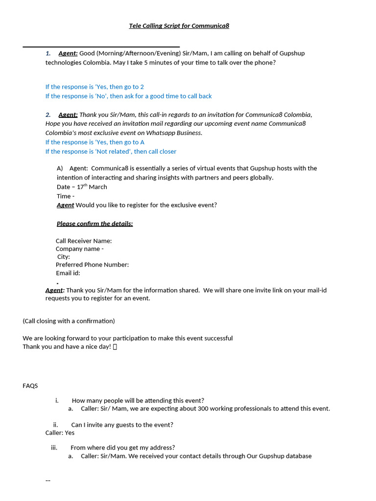 Tele Calling Script - Communica8 | PDF