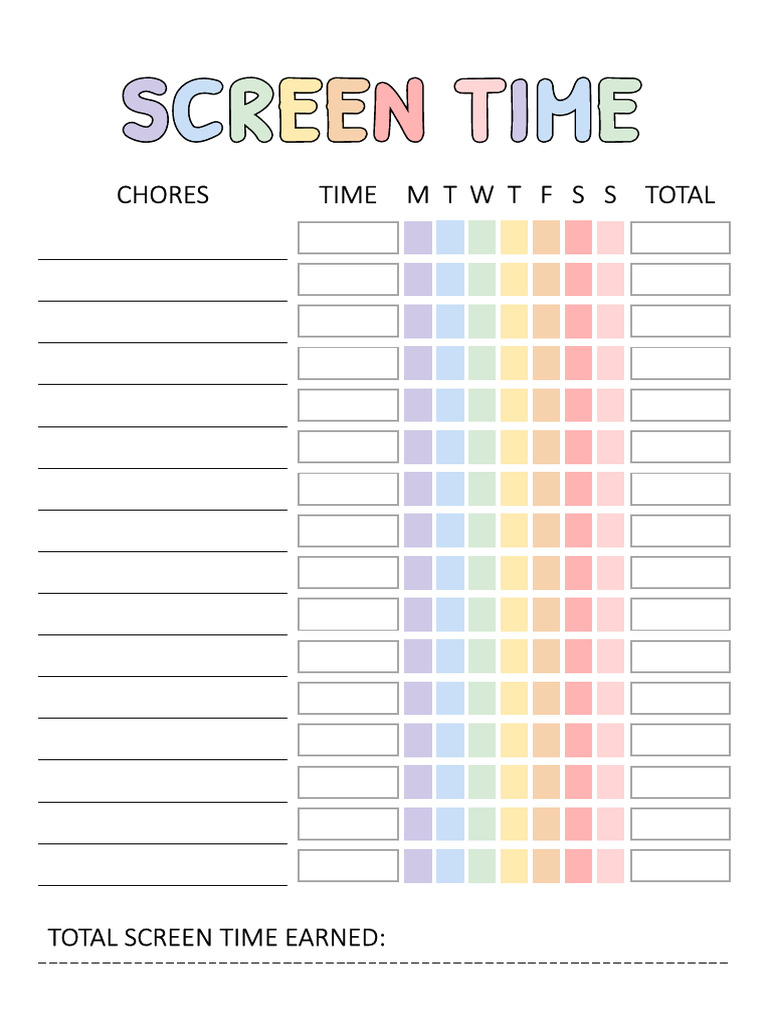 Screen Time Screen Time: Chores Time Total Mtwtfss | PDF