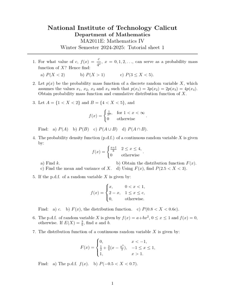 Tutorial sheet 1 | PDF | Statistical Theory | Probability Theory