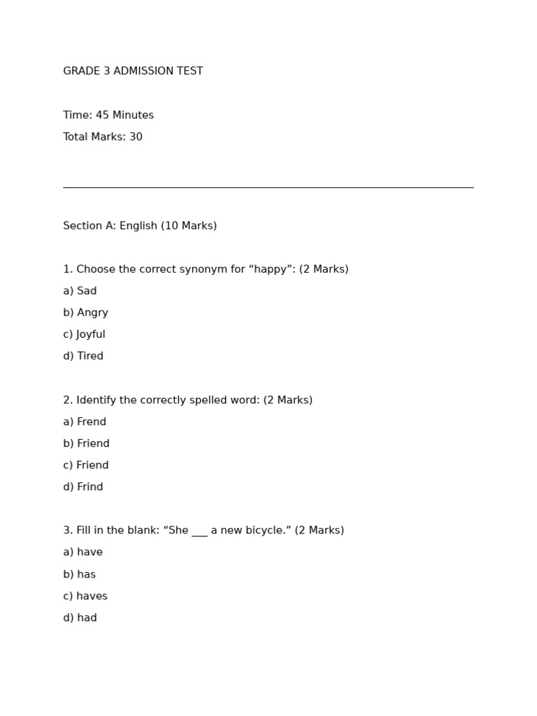 Grade 3 Admission Test | PDF