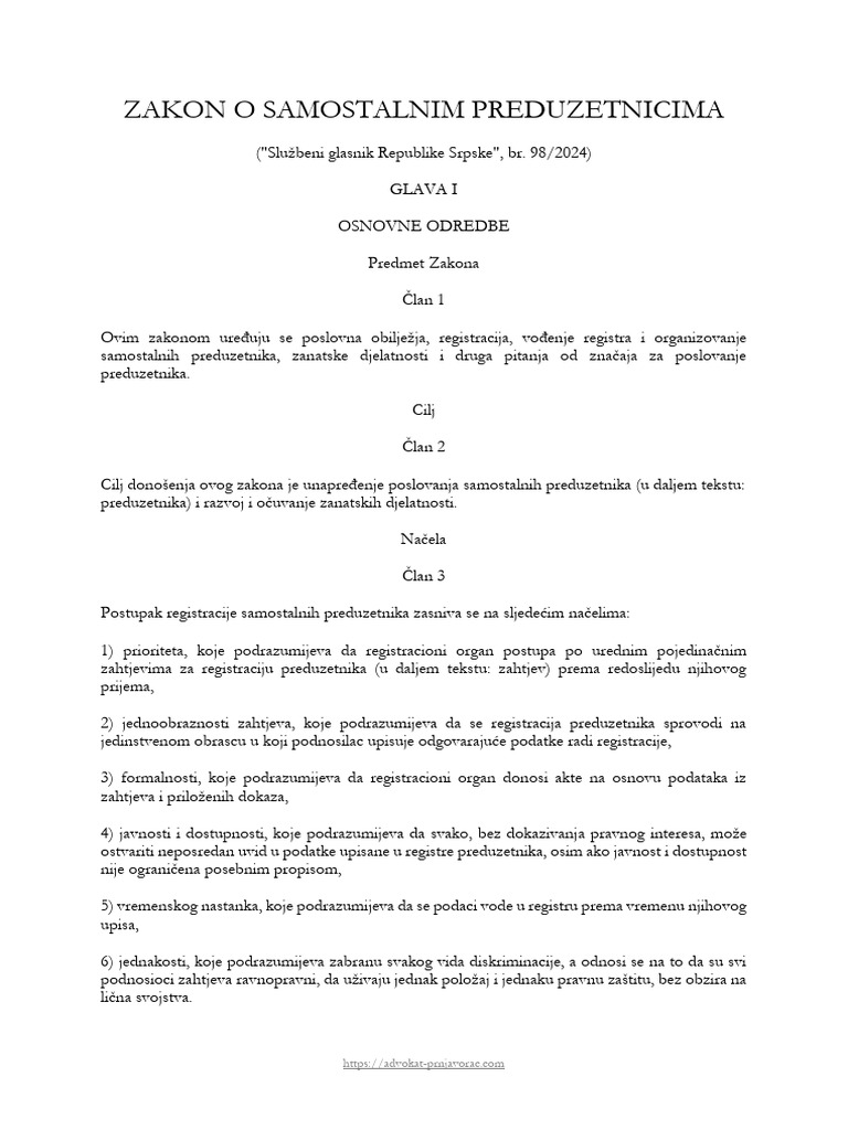 Zakon o Samostalnim Preduzetnicima Republike Srpske | PDF