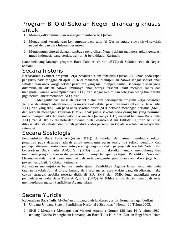 Program BTQ di Sekolah Negeri dirancang khusus untuk | PDF