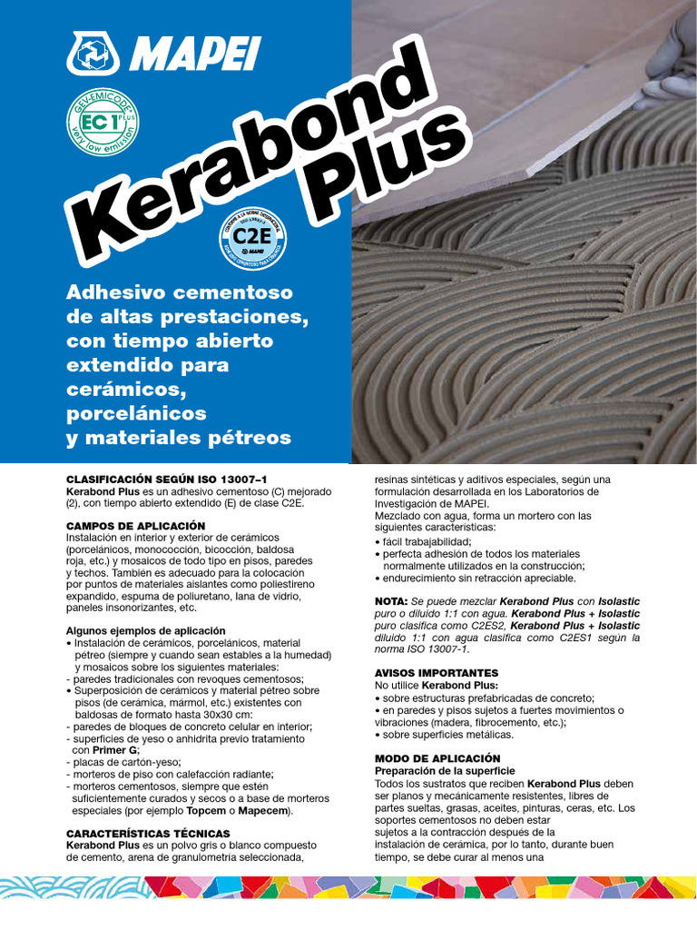 Adhesivo Cementoso Kerabond Plus C2E | PDF | Mortero (Albañilería ...