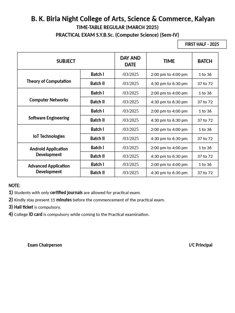 PRACTICAL EXAM TIMETABLE S.Y.B.Sc. (Computer Science) (Sem-IV) March 2025 (1) | PDF