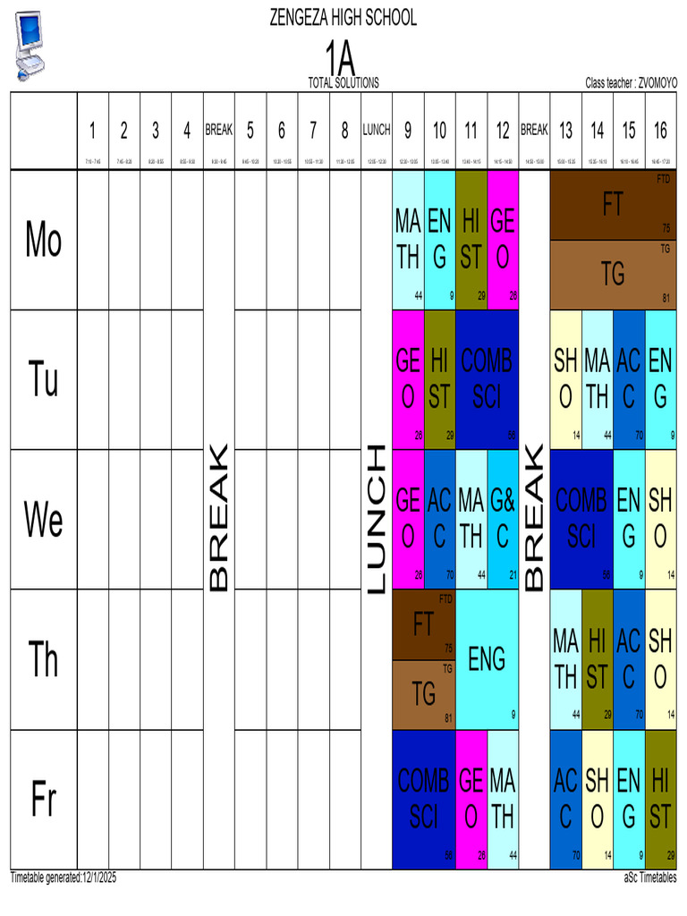 Zengeza 1 High School Time Table Classes | PDF