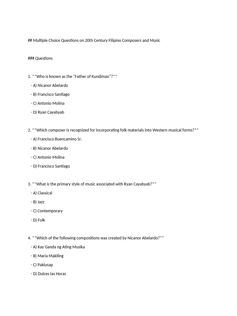 30 Items Multiple Choice Questions On 20th Century Filipino Composers ...