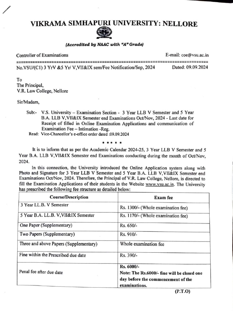 Fee Notification - 3 Y LLB V Sem & 5 Y LLB V VII & IX Sem_compressed | PDF | Academic Term