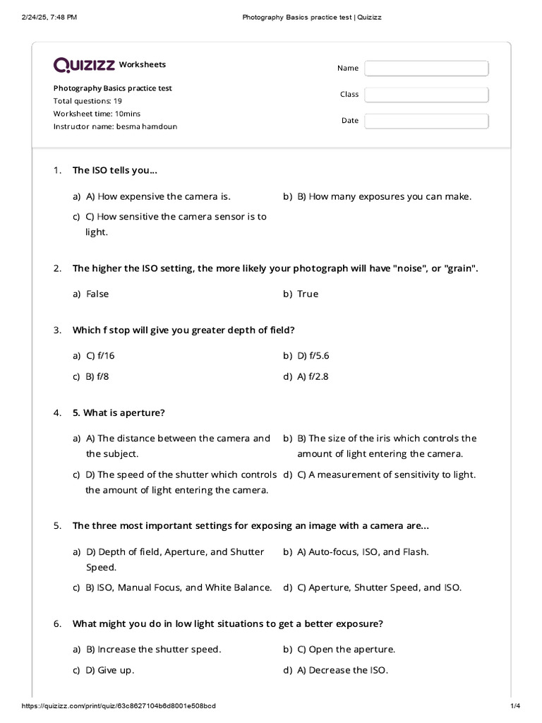 Photography Basics Practice Test | PDF | Camera | Shutter Speed