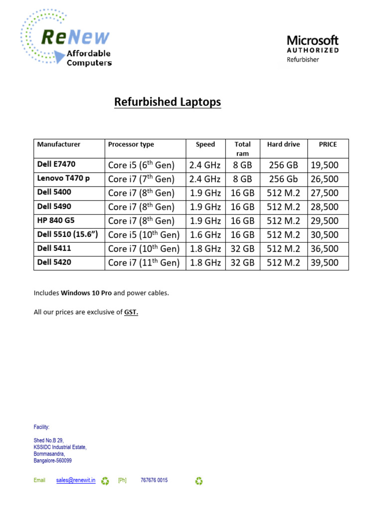 Price List Refurbished Laptops | PDF