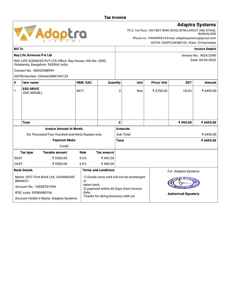 Ray Life Sciences PVT LTD - IN24 2540 - 04!03!2025 | PDF | Invoice ...
