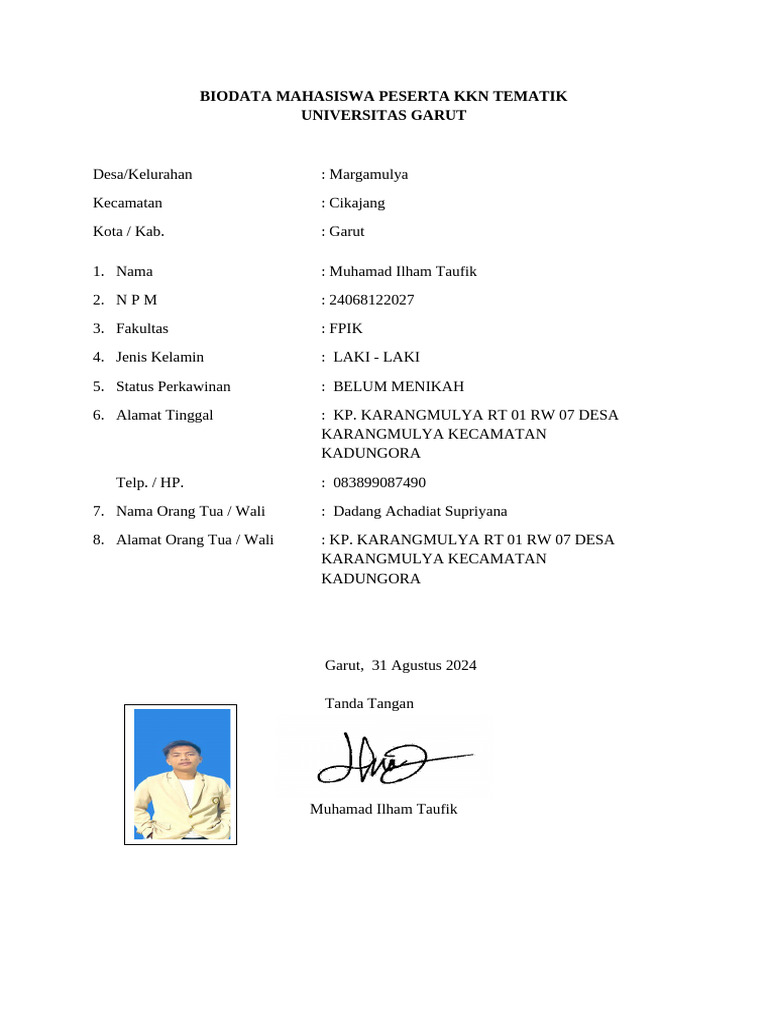 Biodata Mahasiswa Peserta KKN Tematik - Ilham | PDF