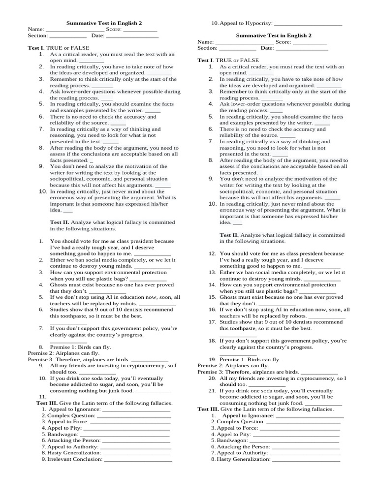 Logical Fallacies and Critical Reading Test | PDF | Argument | Fallacy