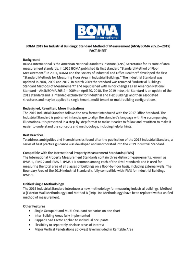 BOMA 2019 Industrial Standard Fact Sheet | PDF